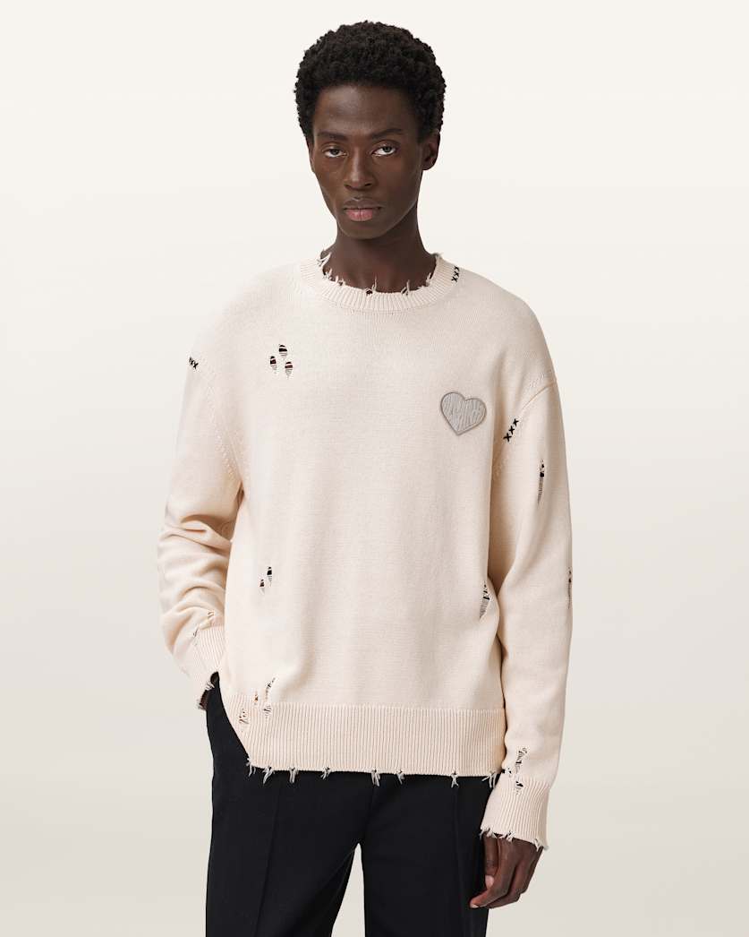 Theo Distressed Embroidered Sweater ECRU WHITE | ALLSAINTS US